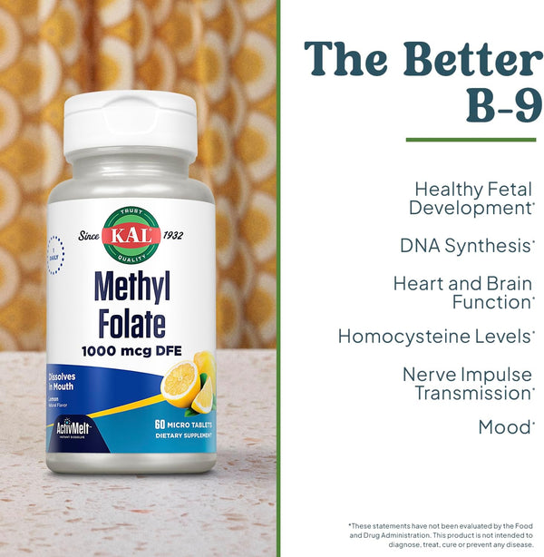 KAL Methyl Folate 1000 mcg, 5-MTHF Active Form, Folic Acid Supplement ...