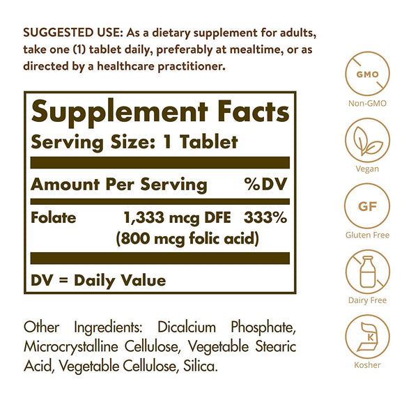 Solgar Folate 1,333 MCG DFE, 800 mcg, 50 Tablets - Discount Nutrition Store